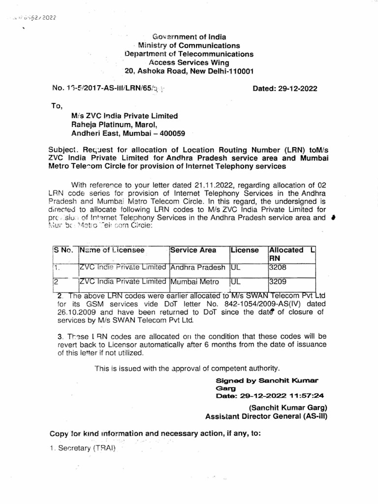 LRN Code Alloted To ZVC India PVT LTD | PDF