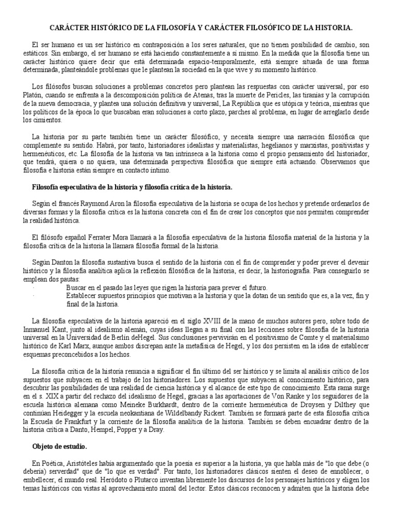 CARÁCTER HISTÓRICO DE LA FILOSOFÍA Y CARÁCTER FILOSÓFICO DE LA HISTORIA ...