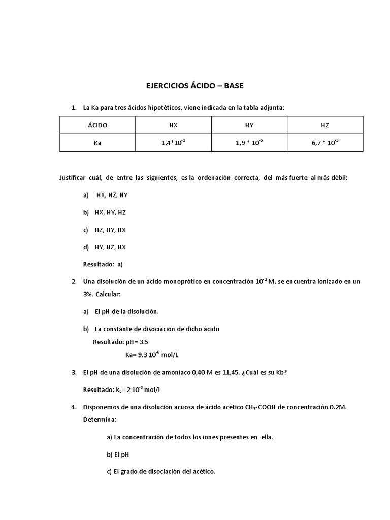 Ejercicios Acido Base Con Solucion | PDF | Ácido clorhídrico | Ácido