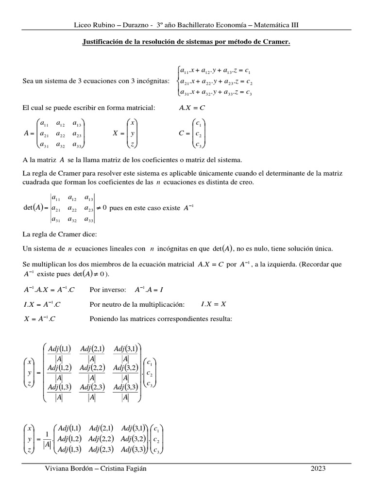 Método+de+Cramer +Justificación+y+Ejercicio | PDF
