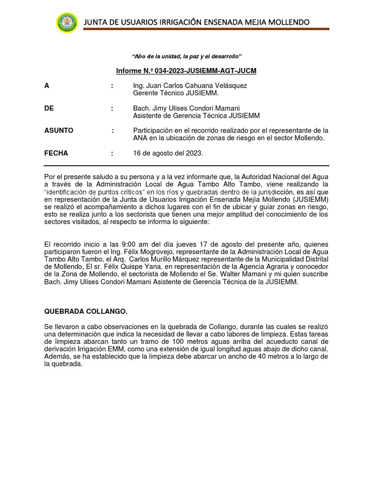 034 Informe #034-2023-JUSIEMM-AGT-JUCM Informe Salida A Campo Con ANA Sector Mollendo | PDF