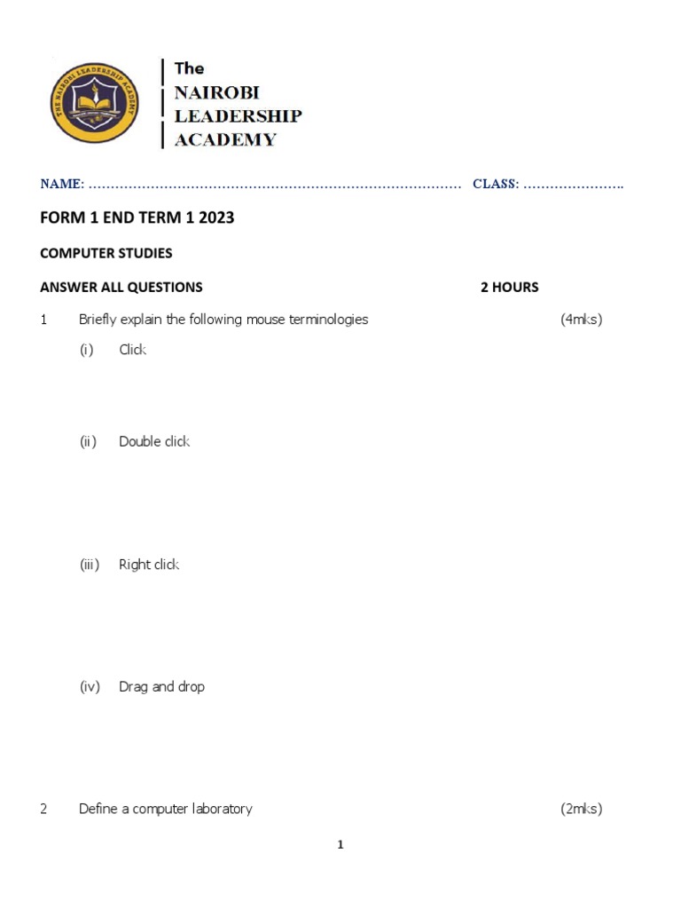 It Form 1 End Term1 2023 | PDF | Computer Keyboard | Information And ...
