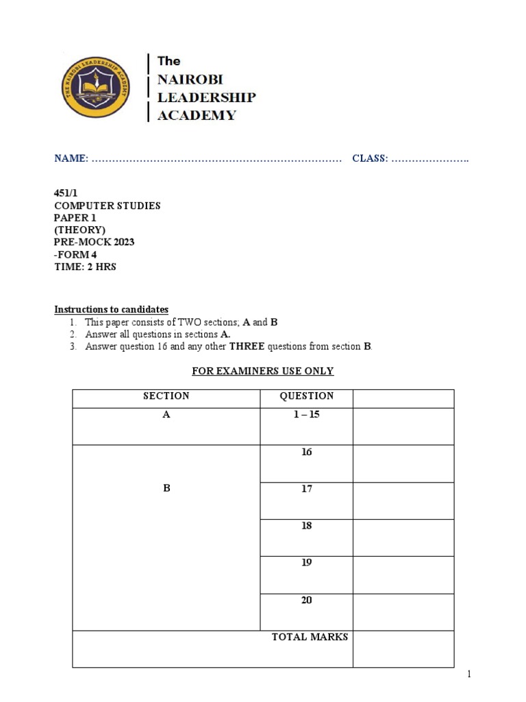 Form 4-Premock Paper 1 2023 | PDF | Systems Engineering | Software Engineering
