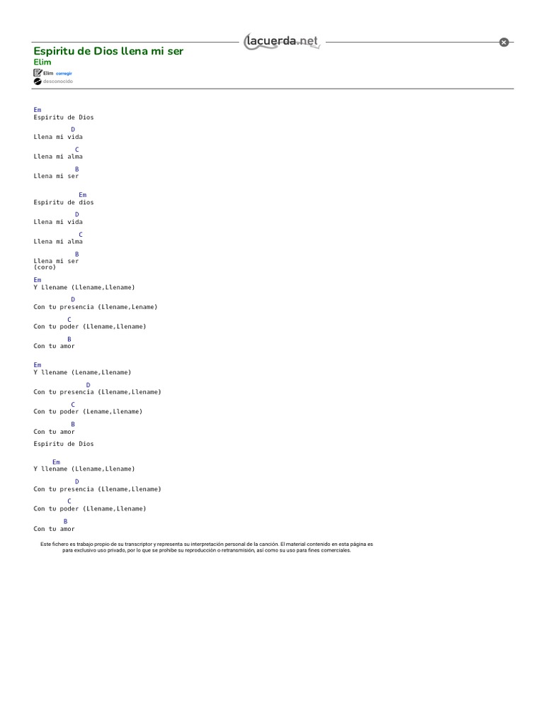 Espiritu de Dios Llena Mi Ser, Elim - Acordes | PDF | Religión y ...