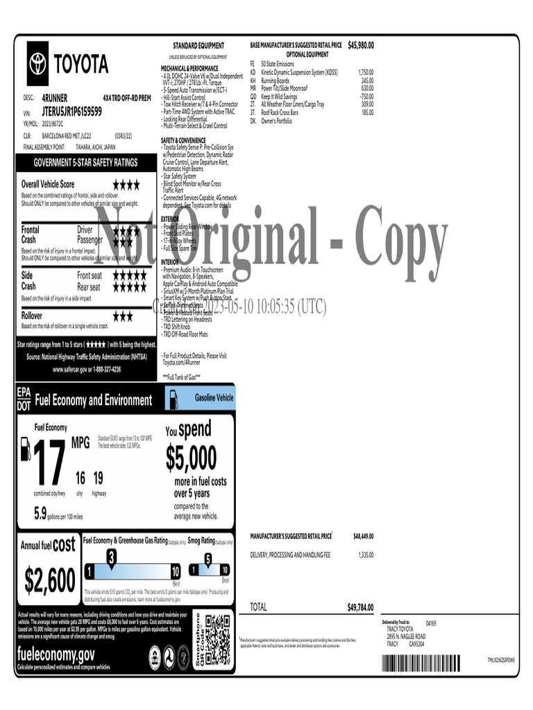 2023 Toyota 4runner Window Sticker | PDF