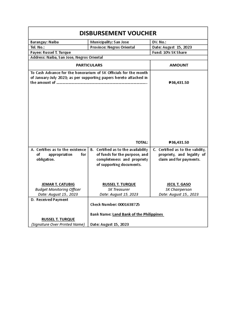 SK Honorarium Disbursement Voucher | PDF