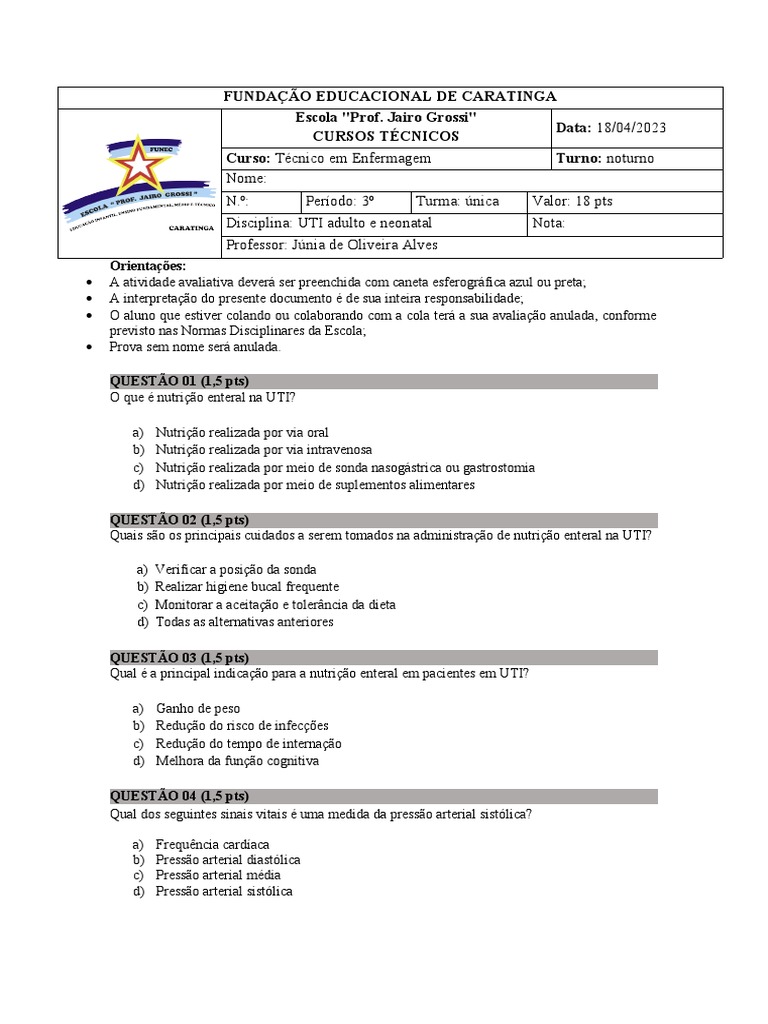 2 Prova - UTI Adulto e Neonatal | PDF