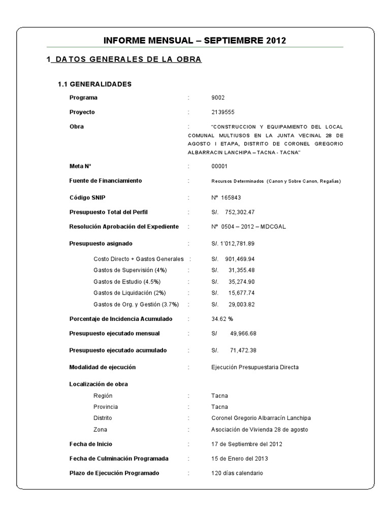 Informe Mensual 28 de AGOSTO | PDF | Presupuesto | edificio