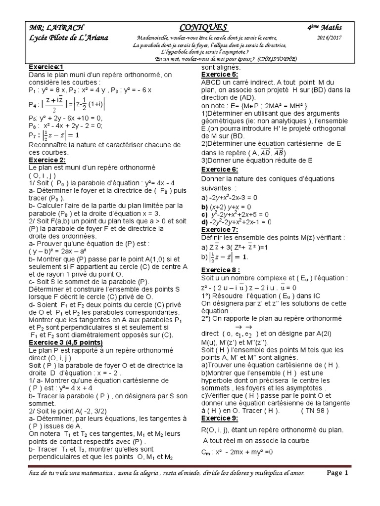 Coniques et Géométrie Analytique | PDF