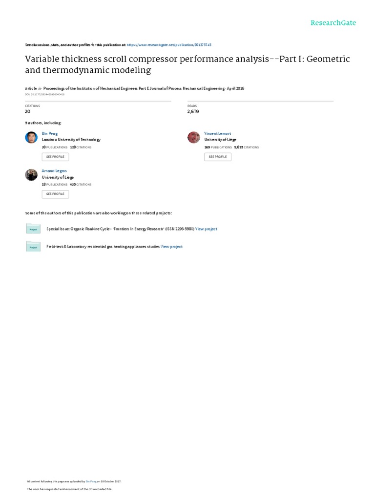 Variable Thickness Scroll Compressor Performance Analysis - Part I: Geometric and Thermodynamic ...