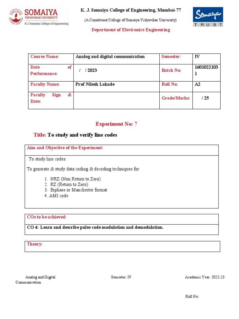 Expt No 7-Line Codes | PDF