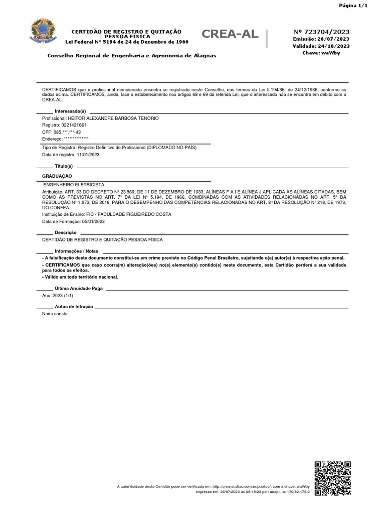 Certidao de Quitação Do CREA | PDF