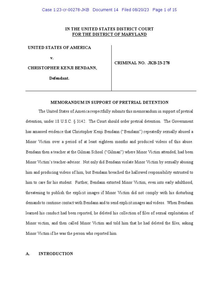 Pre-Trial Detention Memorandum For Christopher Bendann | PDF | Arrest ...