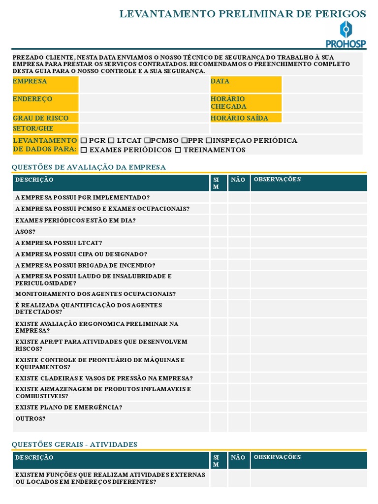 Levantamento Preliminar de Perigos - Modelo Novo - Editavel | PDF