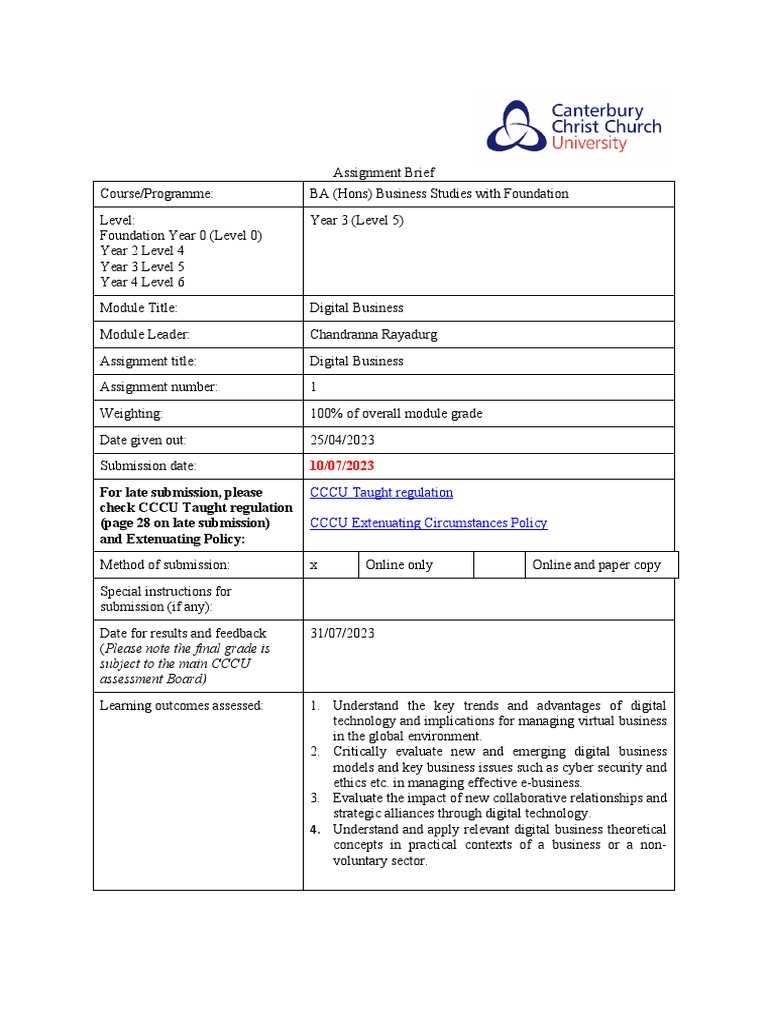 Cccu Babs l5 t1 DB Assignment 202304 | PDF | Methodology | Theory