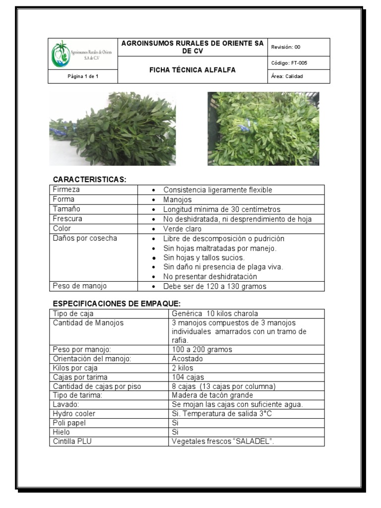 Ficha Técnica de Alfalfa Manojo | PDF