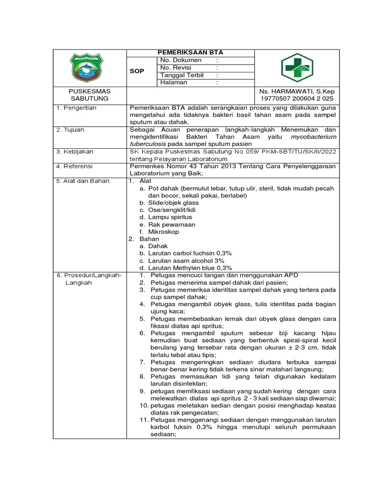SOP Pemeriksaan BTA | PDF