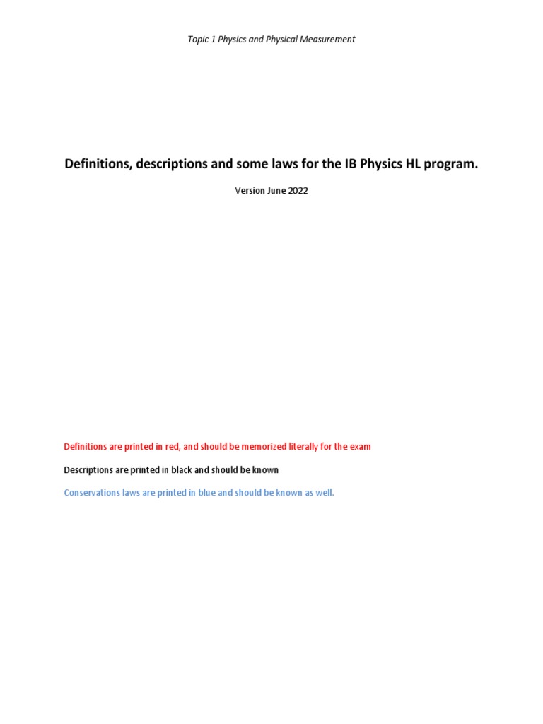 Definitions IB Physics SL+HL First Exam 2016 | PDF