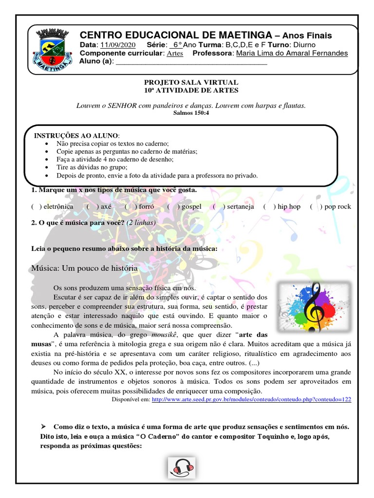 10 Atividade de Artes - 6º Ano | PDF