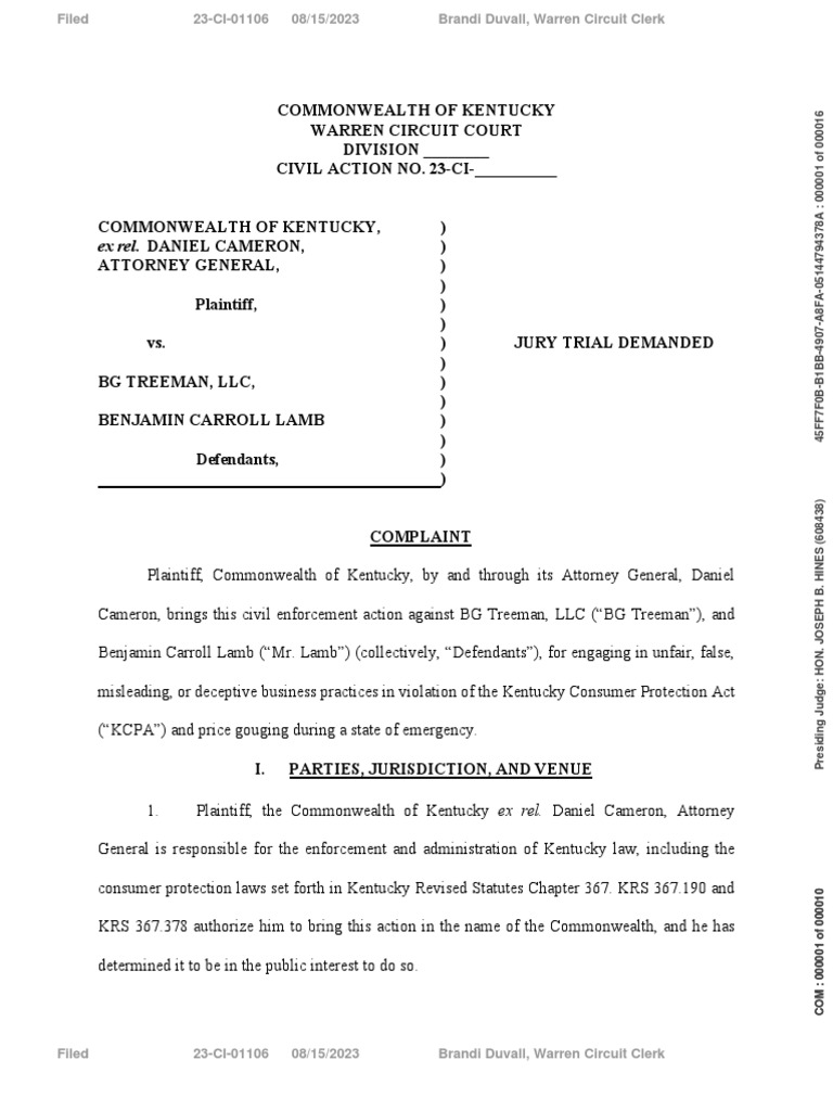 Complaint - KYOAG v. BG Treeman (Filed 8.15.2023) | PDF