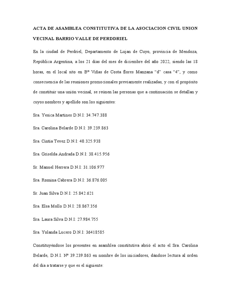 Acta de Asamblea Constitutiva de La Asociacion Civil Union Vecinal Barrio Valle de Perddriel | PDF