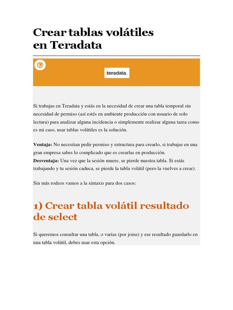 Crear Tablas Volátiles en Teradata | PDF | Informática | Gestión de datos