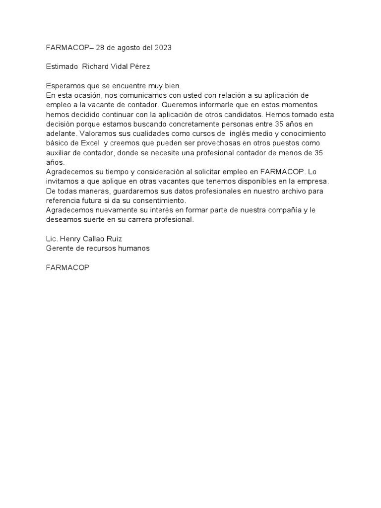 Modelo Carta Rechazar Candidato | PDF Modelo Carta Rechazar Candidato | PDF