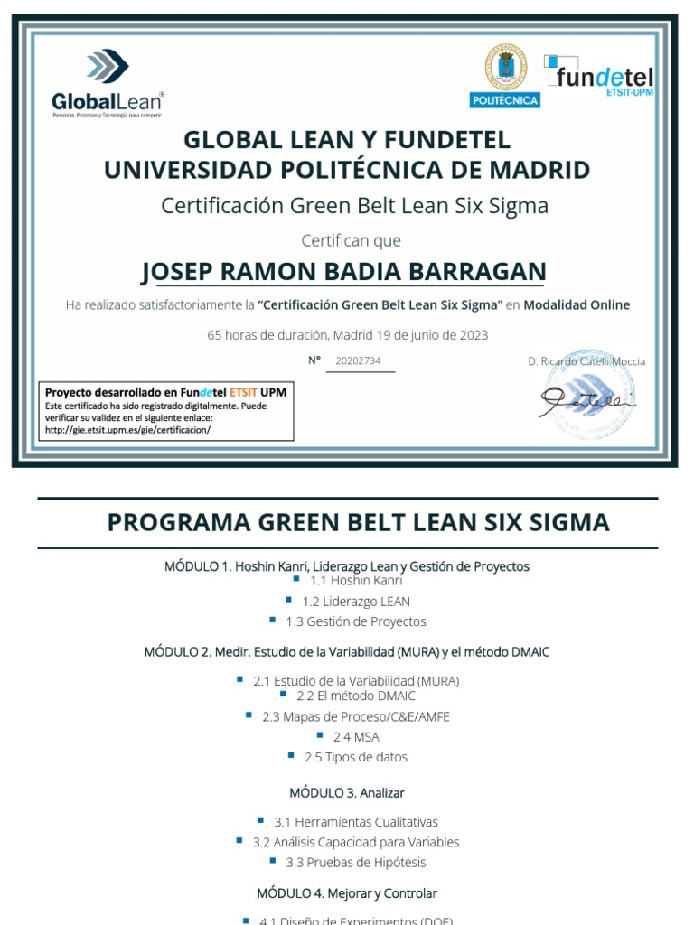 Global Lean - Certificado Green Belt | PDF