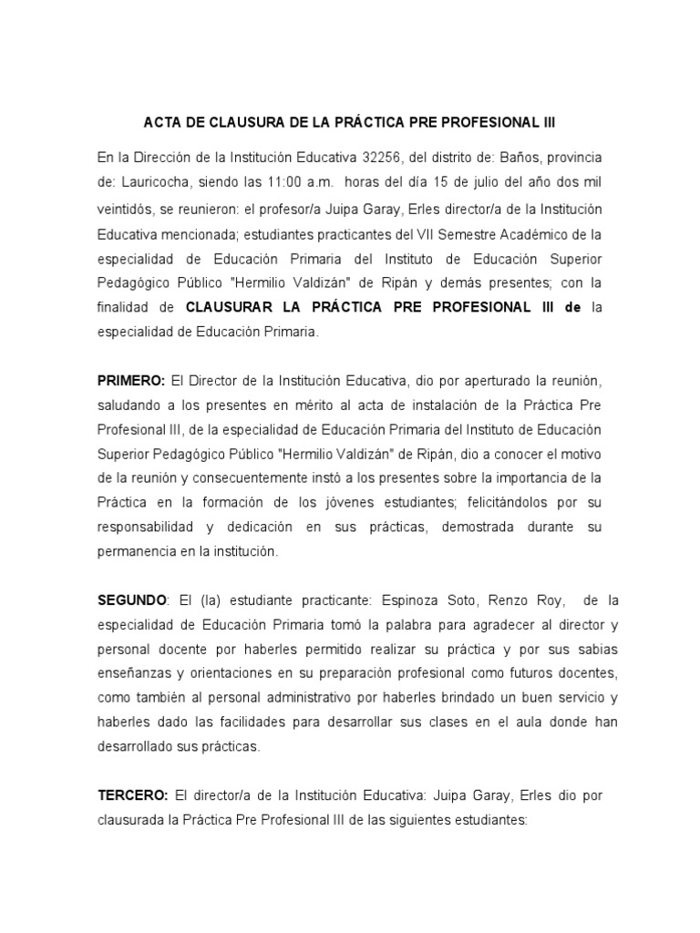 Acta de Clausura de La Práctica Pre Profesional Iii | PDF | Maestros | Educación primaria