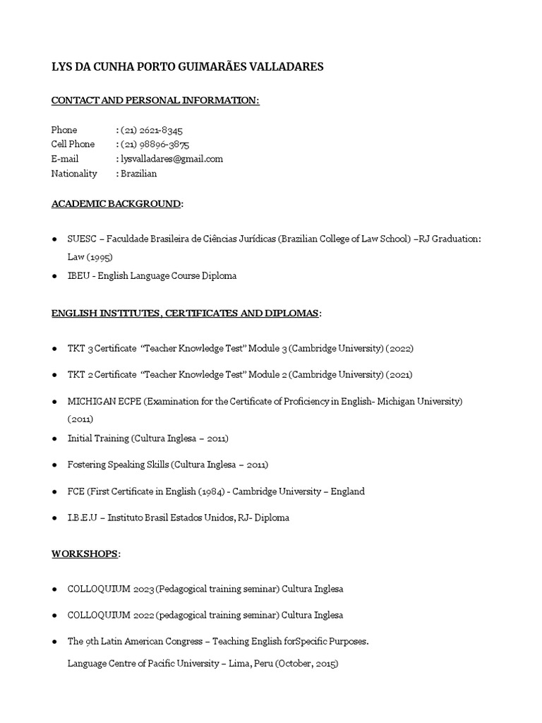 Curriculum Vitae Engl. Lys 2023 Updated - 1 | PDF | English As A Second Or Foreign Language