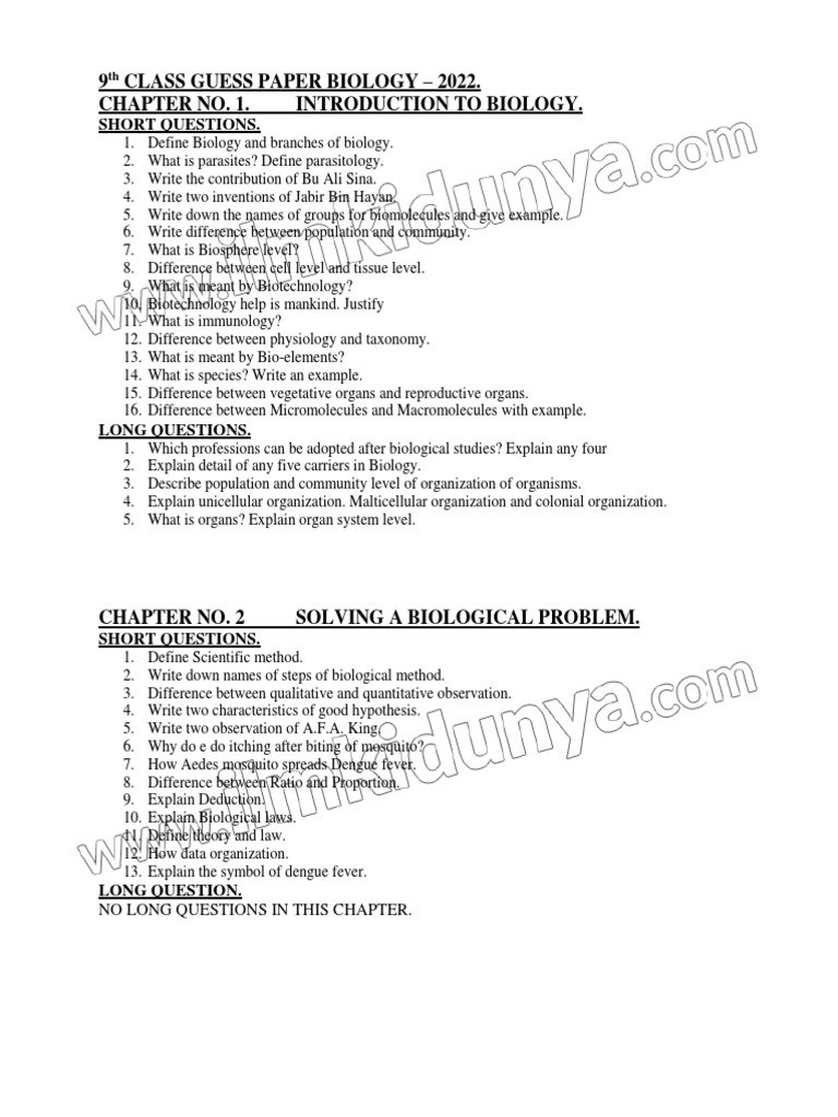 9th CLASS GUESS PAPER BIOLOGY | PDF