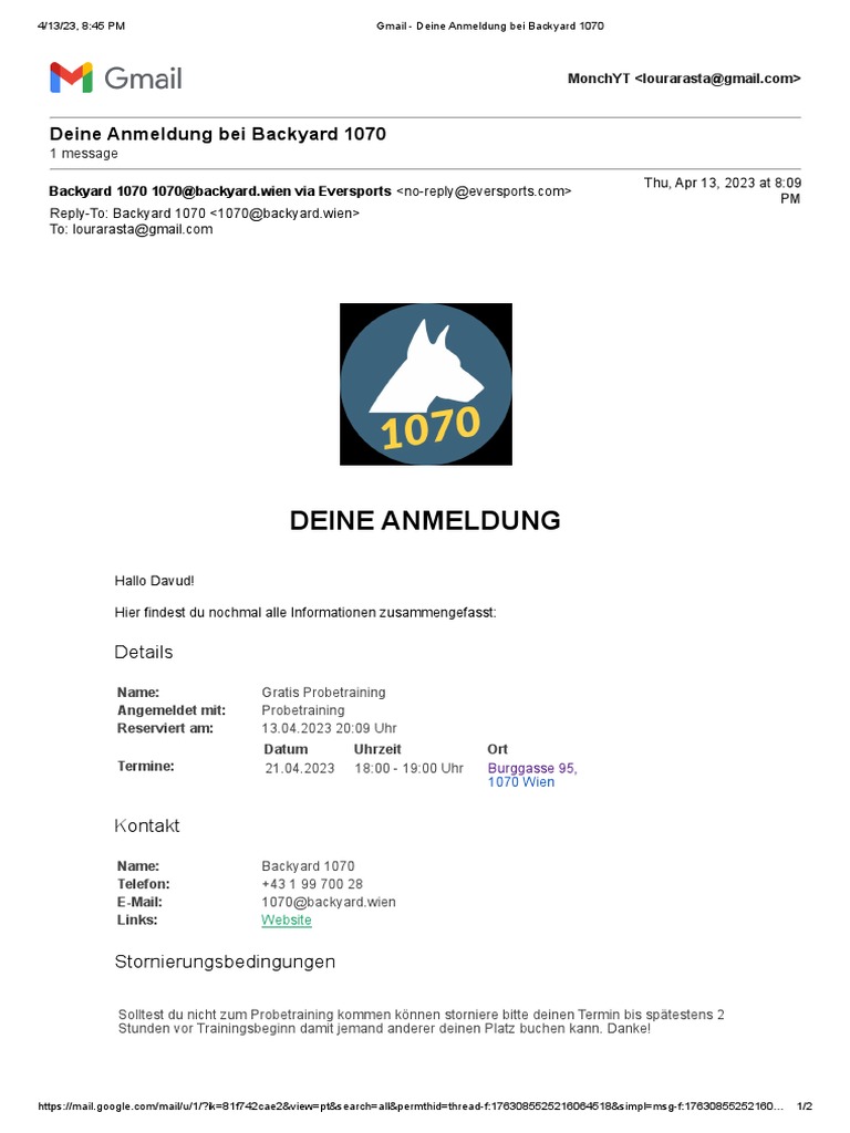 Gmail - Deine Anmeldung Bei Backyard 1070 | PDF