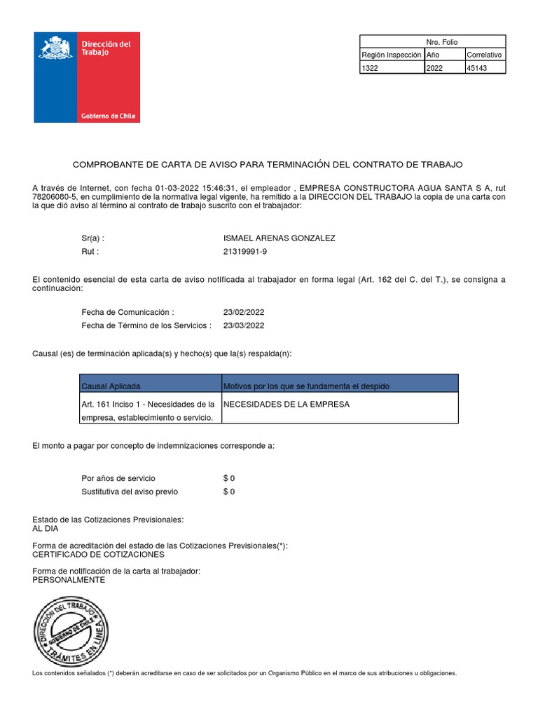 Carta Aviso Ismael Arenas | PDF