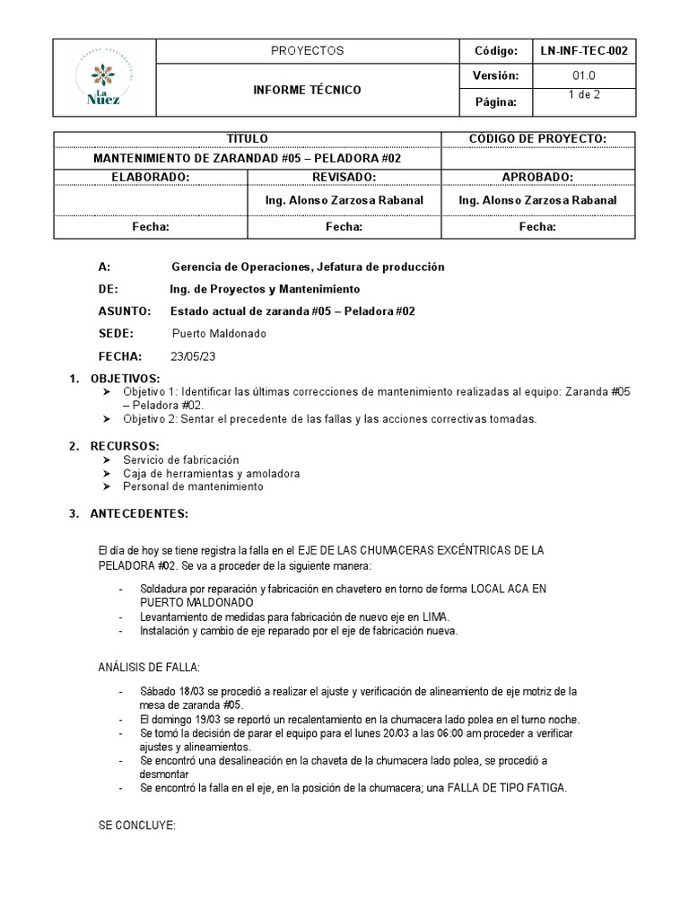 Ln-Inf-Tec-002-Informe Técnico de Zaranda #05 - Peladora #02 | PDF