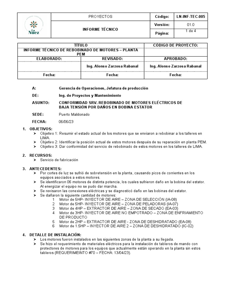 Ln-Inf-Tec-005-Informe Técnico-Srv. Rebobinado de Motores Eléctricos de Baja Tensión Por Daños ...