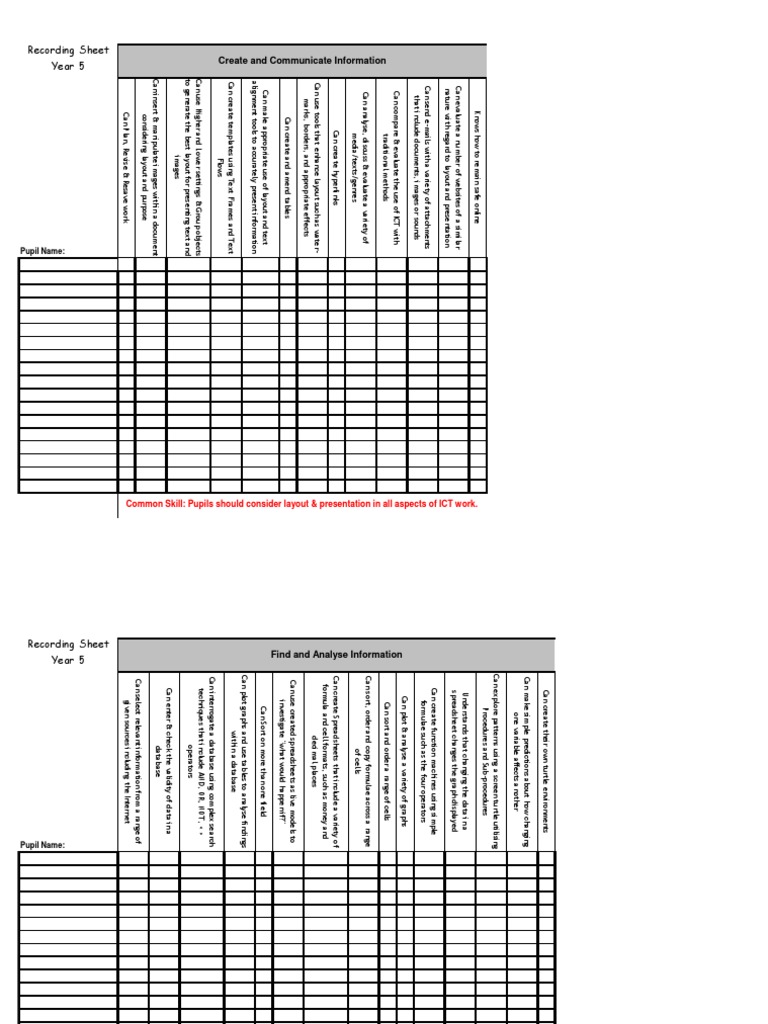 Create and Communicate Information: Recording Sheet Year 5 | Download ...