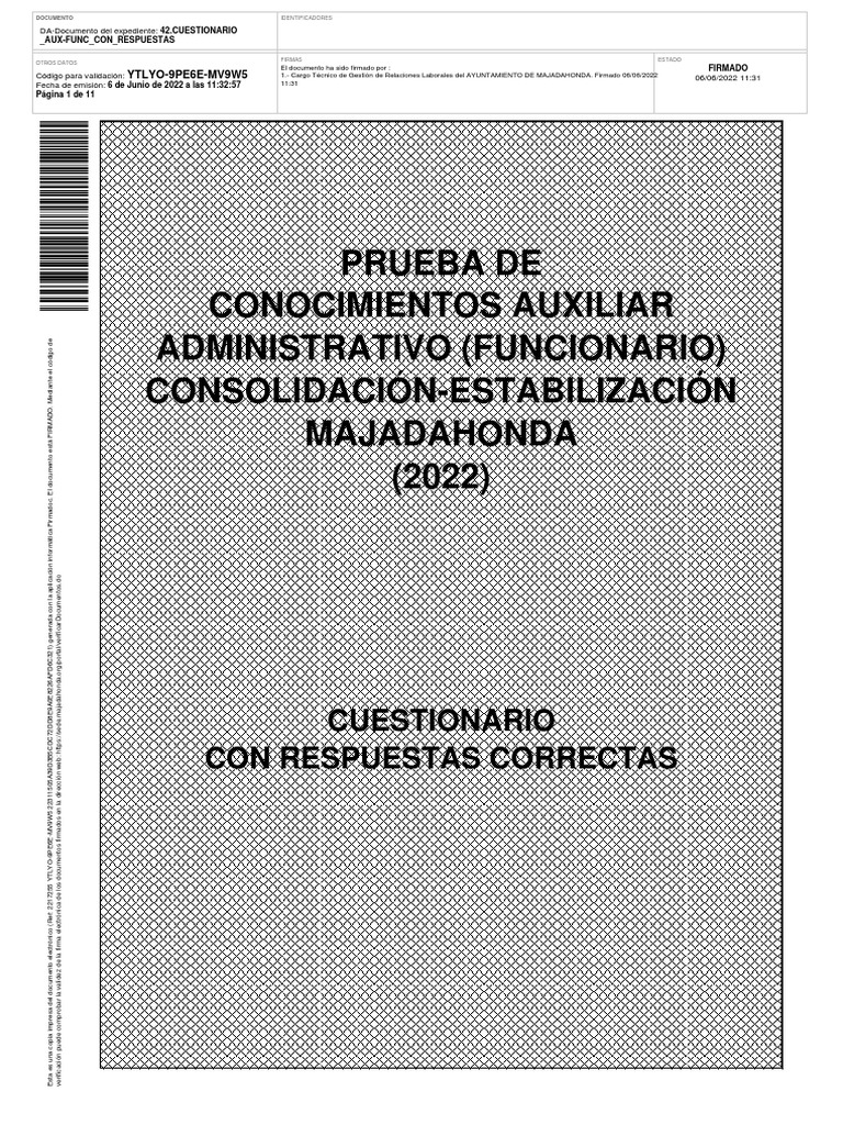 Estabilización 17 Plazas Auxiliar Administrativo Funcionario - Plantilla de Respuestas | PDF