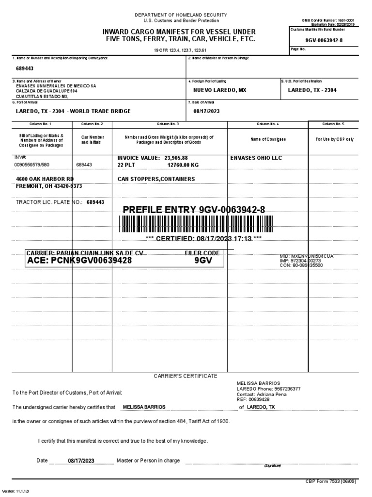 Prefile Entry 9GV-0063942-8: Ace: PCNK9GV00639428 9GV | PDF