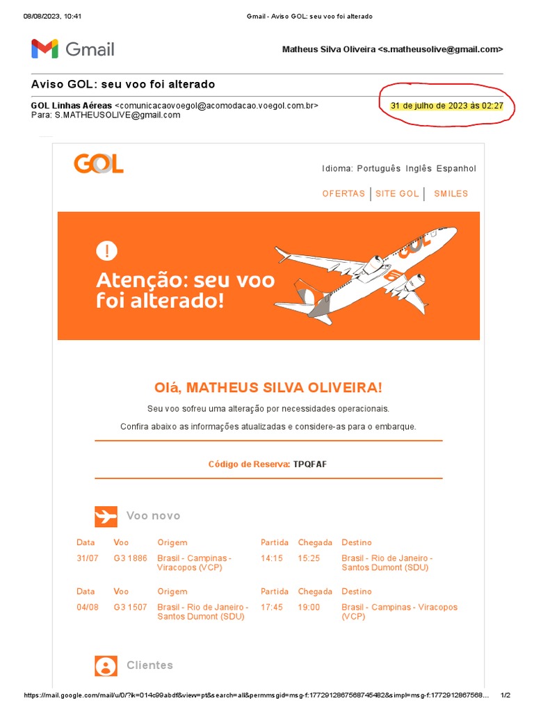 Alteração de Voo GOL: Informações Importantes | PDF | Aviação