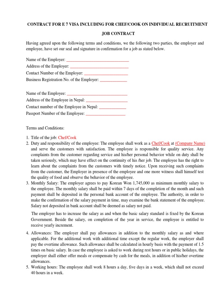 E-7 Visa Chef Employment Contract | PDF | Employment | Salary