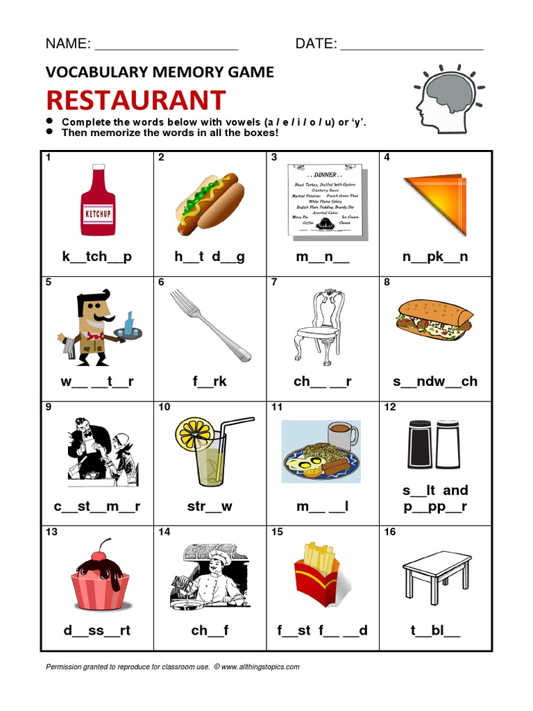 Memory Game-Restaurants | PDF