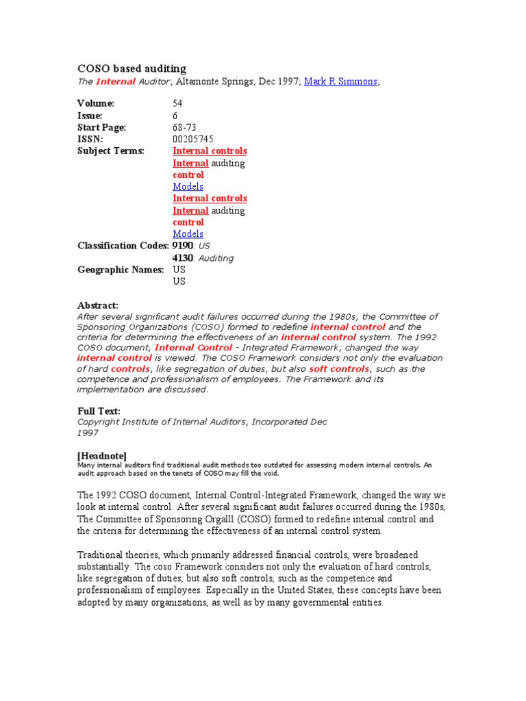 COSO Based Auditing | PDF | Internal Audit | Audit