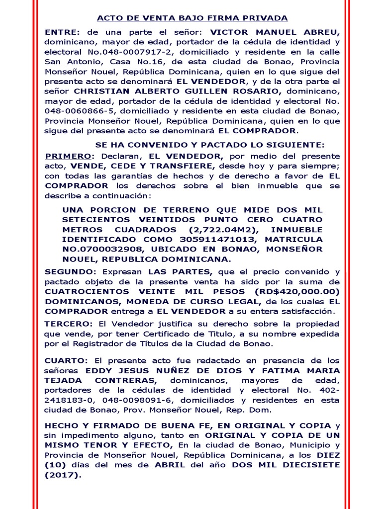 Acto de Venta Bajo Firma Privada de Terreno Victor Manuel Abreu ...