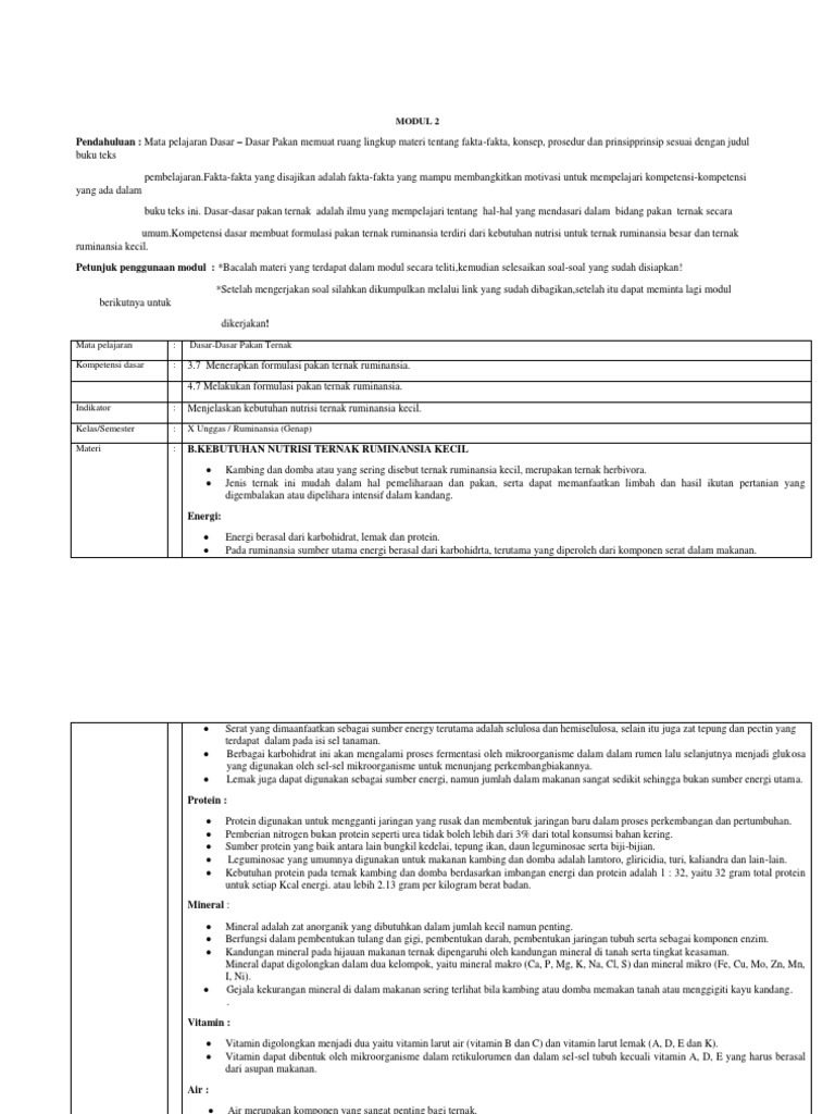 Modul 2 - Dasar Pakan Ternak - Kelas X | PDF