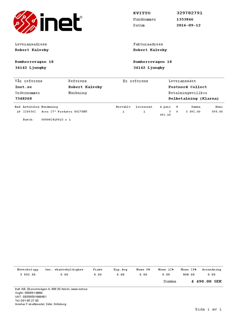 Kvitto 329782791: Kundnummer Datum | PDF