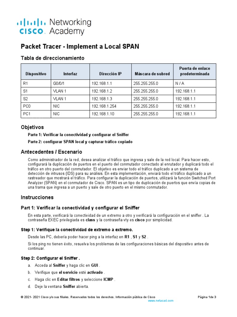 11.4.6 Packet Tracer - Implement A Local SPAN | PDF