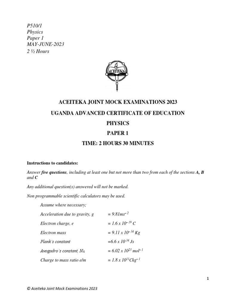 S6 Aceiteka 2023 Physics P1 | PDF