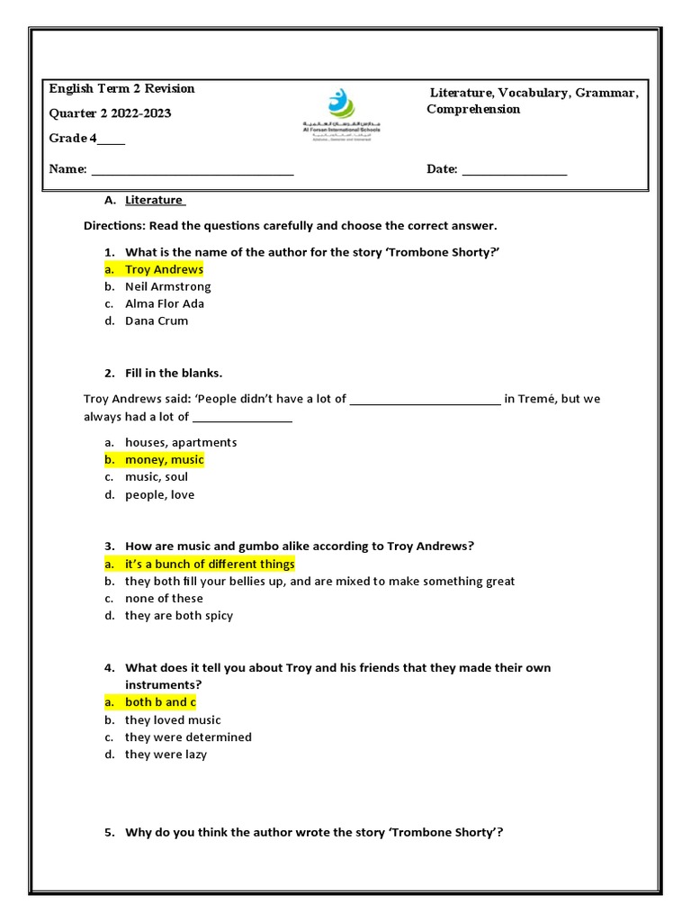 Grade 4 English Term 2 Revision - Answer Key | PDF