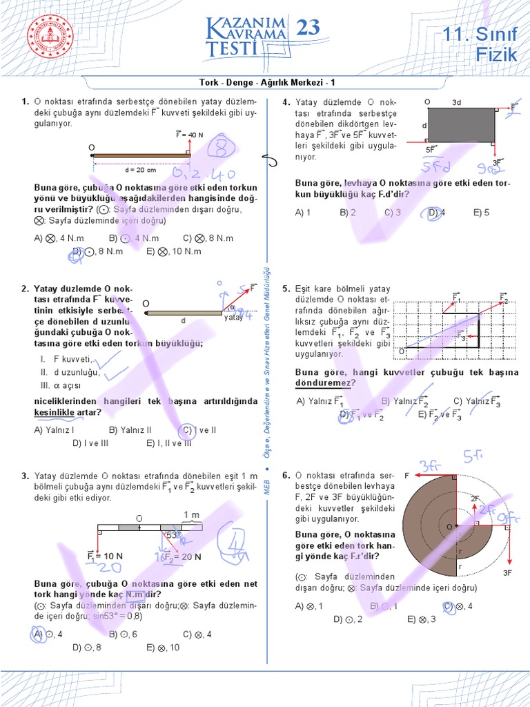Sınıf Fizik Fizik: Tork - Denge - Ağırlık Merkezi - 1 | PDF
