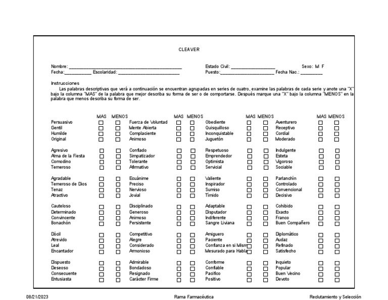Test de Cleaver (Hoja de Respuestas) | PDF
